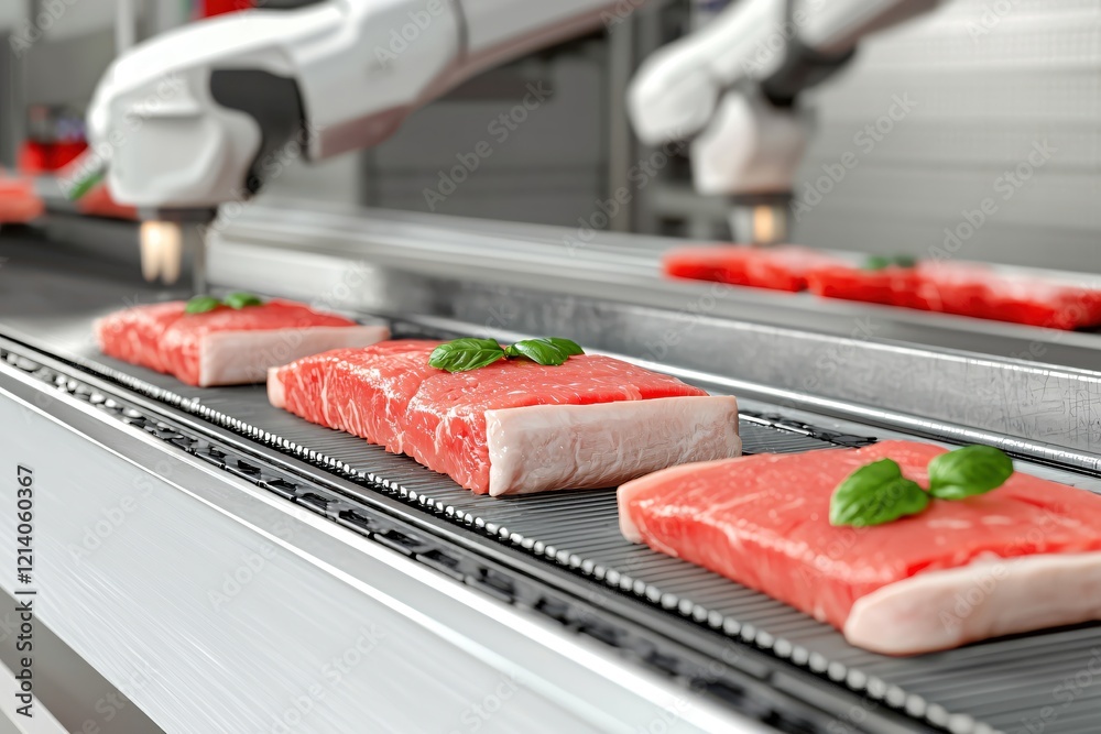 Robotic arm placing fresh meat on conveyor belt in modern food ...