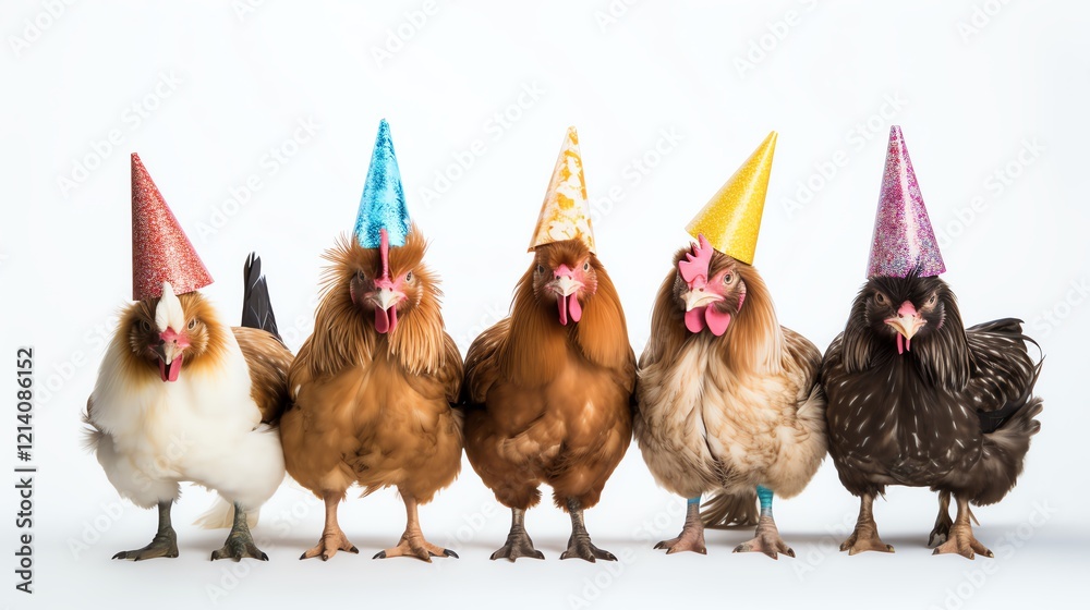 Celebrating chickens wearing party hats. Stock Photo | Adobe Stock
