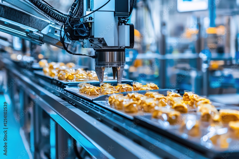 Automated food packaging line with robotic arm placing wrapped pastry ...