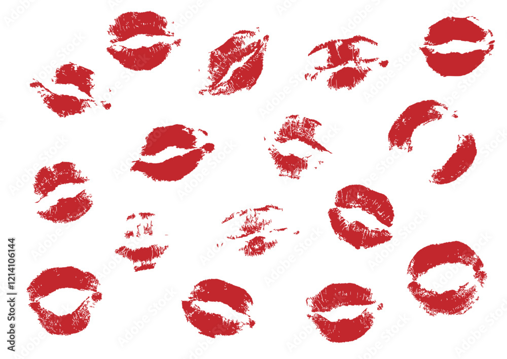 Red lipstick kiss marks pattern on white background. Print of lips kiss ...
