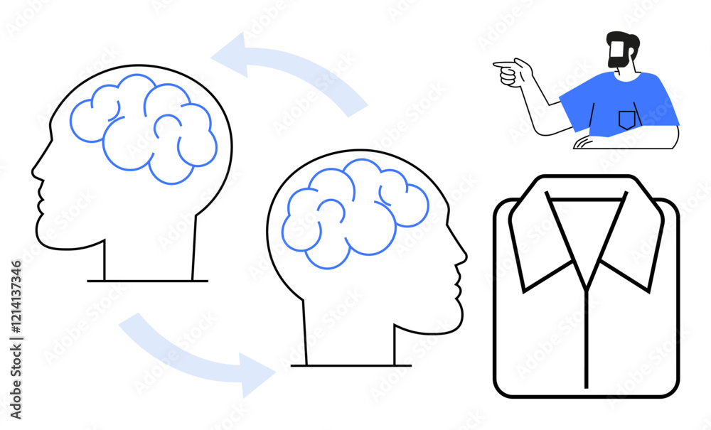 Two human heads with brain outlines connected by bi-directional arrows ...