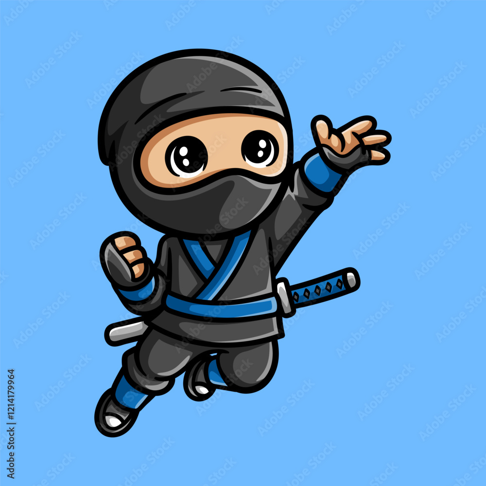 fun jumping ninja on black and blue cartoon colored character isolated ...