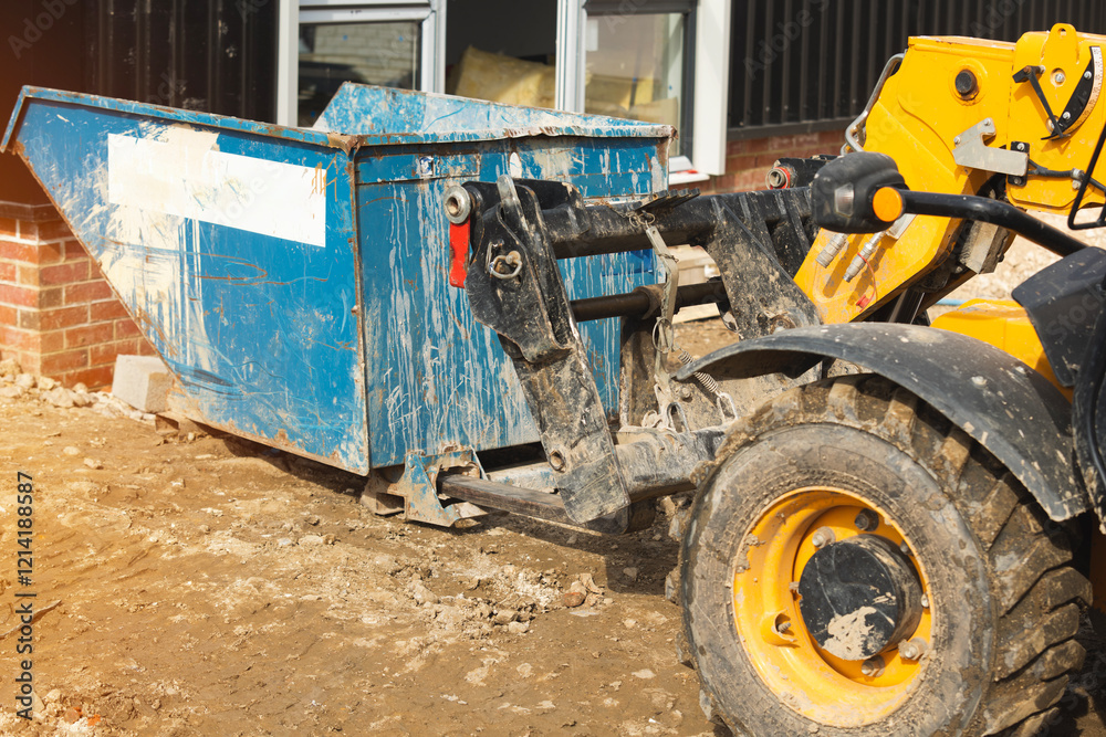Heavy machinery telehandler moving a blue dumpster skip loaded with ...