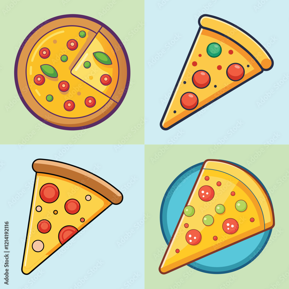 cartoon cheese pizza vector illustration in colorful grid - a vibrant ...