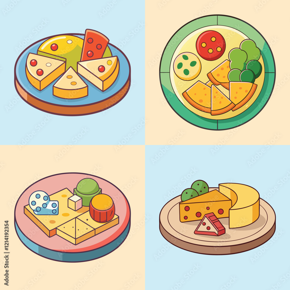 cartoon cheese platter vector illustration in colorful grid - a vibrant ...