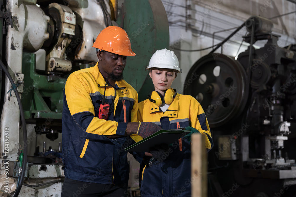 Diversity factory worker working in factory. Male and female engineer ...
