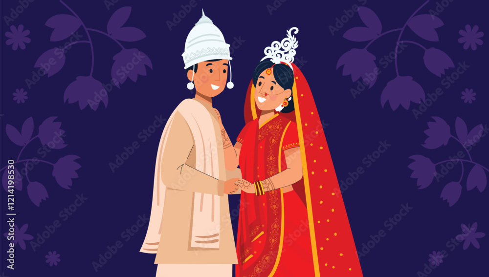 Traditional Bengali Wedding Couple Illustration with Bridal Attire A ...