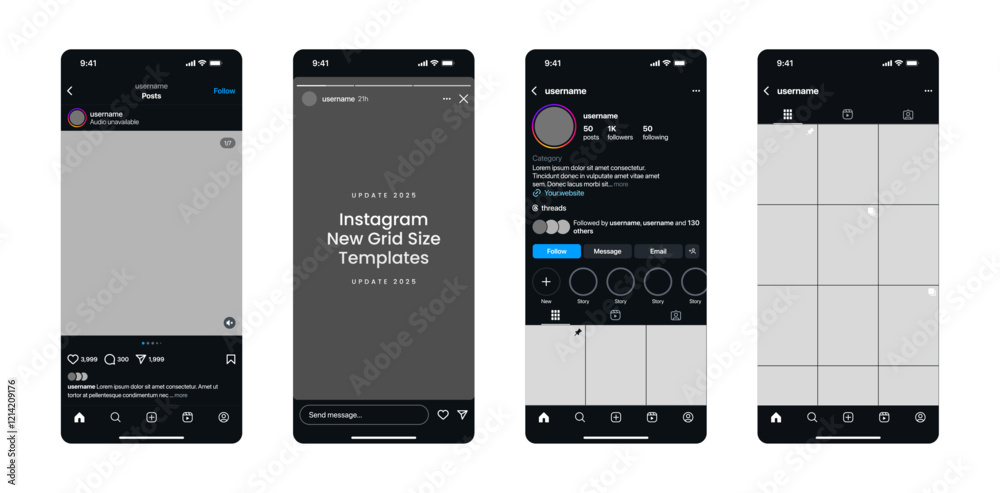 Vector de Stock instagram new grid size template update 2025 - dark mode, Instagram social ...