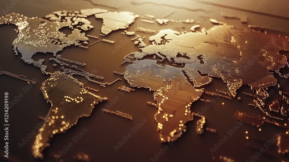 Stylized map of the world with digital elements, such as circuit board ...
