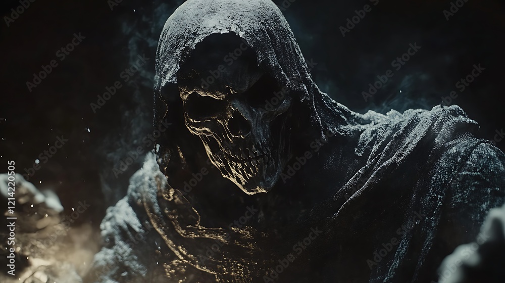 Tattered robes of a grim reaper skeletal face lit by a chilling glow reaching out dark void ...