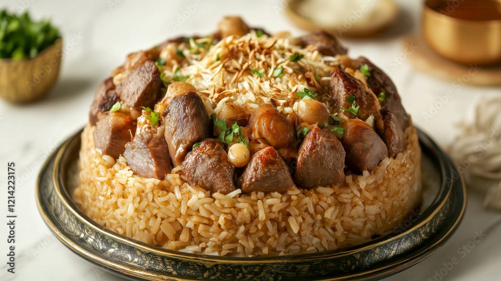 Mansaf, traditional jordanian dish featuring lamb and rice, garnished ...