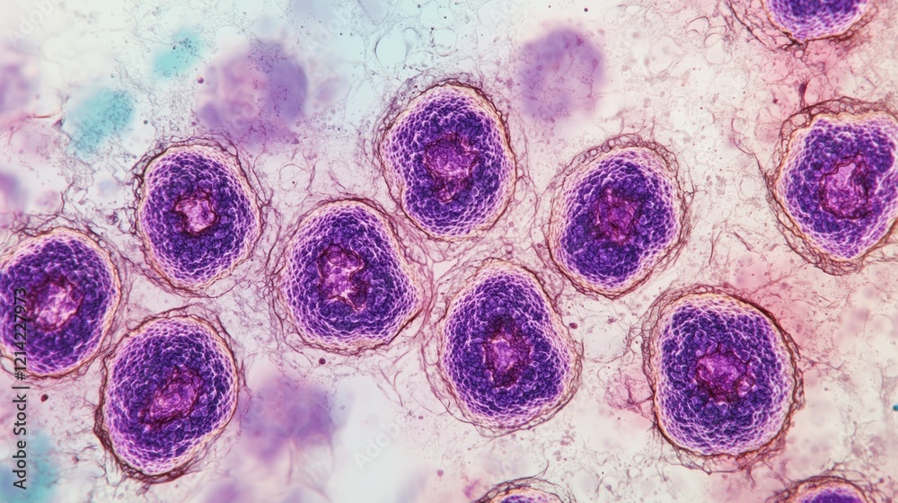 This microscopic view showcases the intricate structures of HMPV human cells, displaying vibrant ...