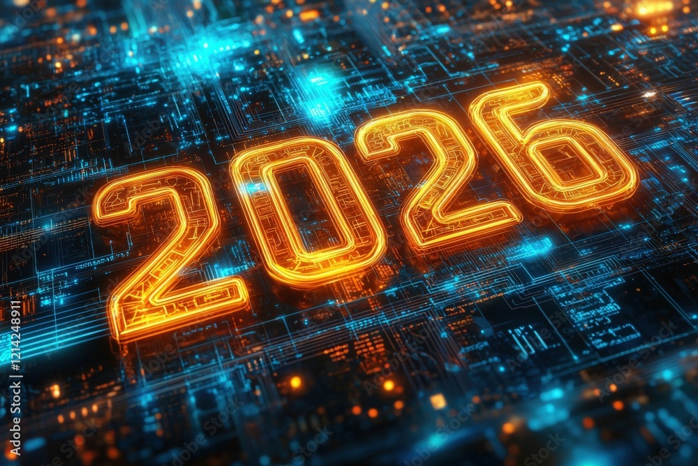 Futuristic Glowing 2026 Year on Tech Circuit Board Background ...