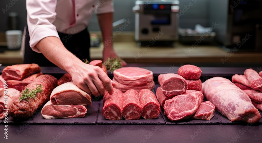 Butcher displaying various cuts of meat on a slate countertop Stock ...