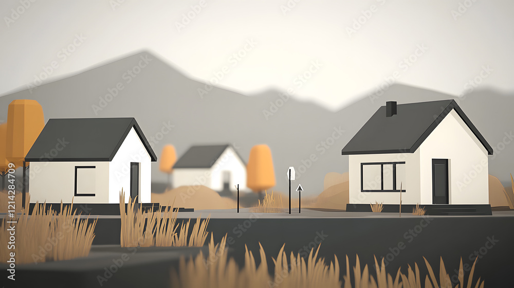 20. A small village scene with simple houses and winding paths ...