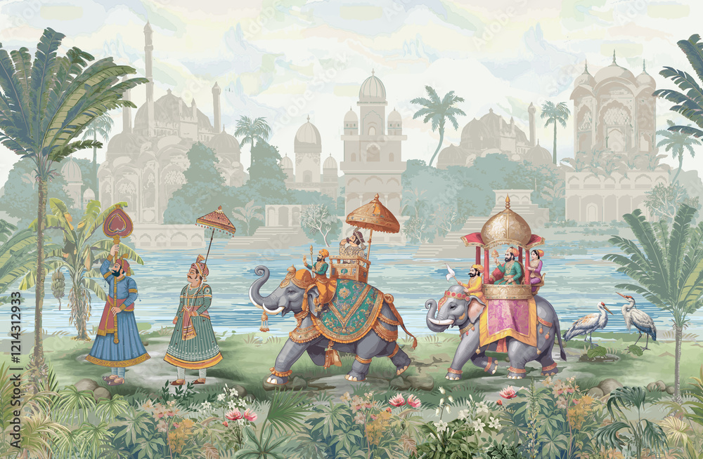 Mughal Emperor's Royal Procession with Elephants by a Scenic River ...