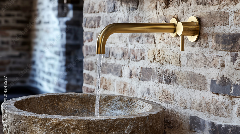 Vintage faucet mounted on a brick wall, with a stream of water flowing ...