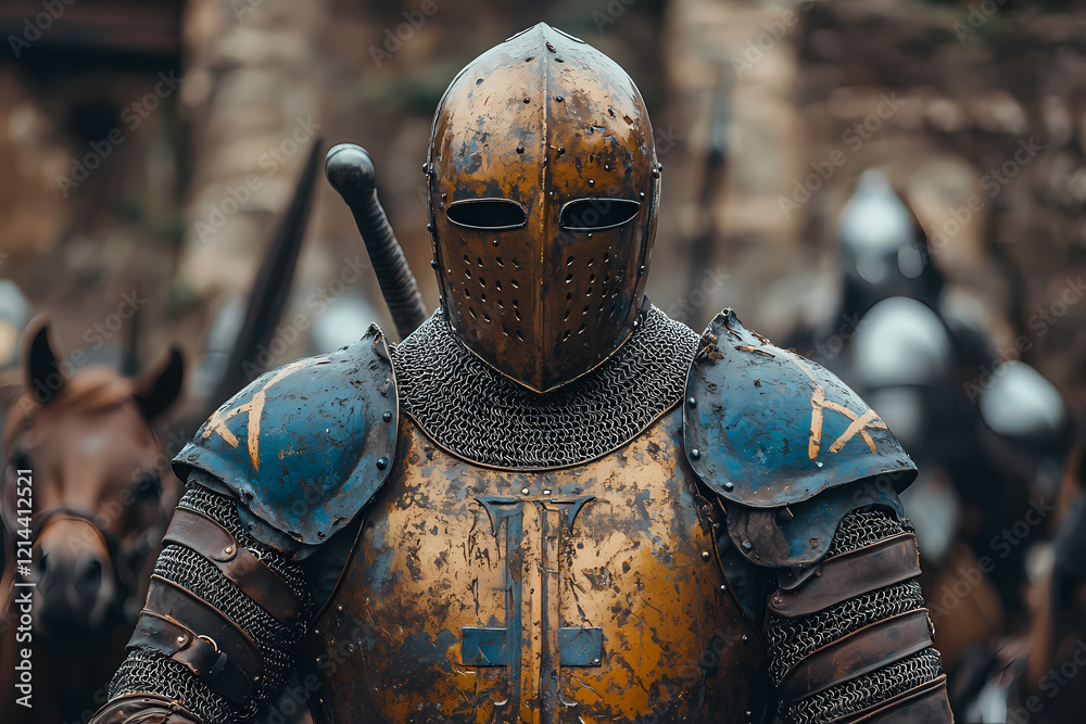 A knight in full armor mounted on a majestic warhorse, ready for battle ...