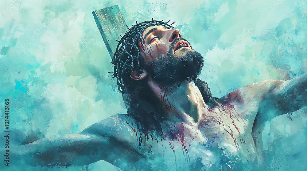 Crucifixion scene: Bleeding Christ, crown of thorns, aqua-toned ...