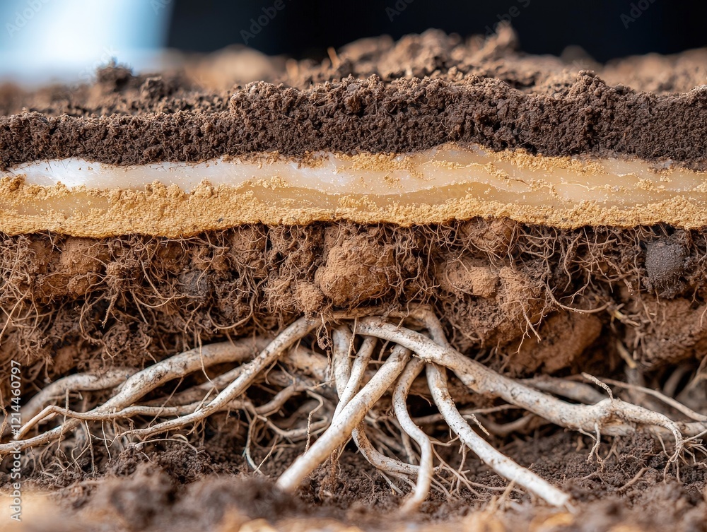 Cross-section of soil revealing layers, textures, and complex root ...