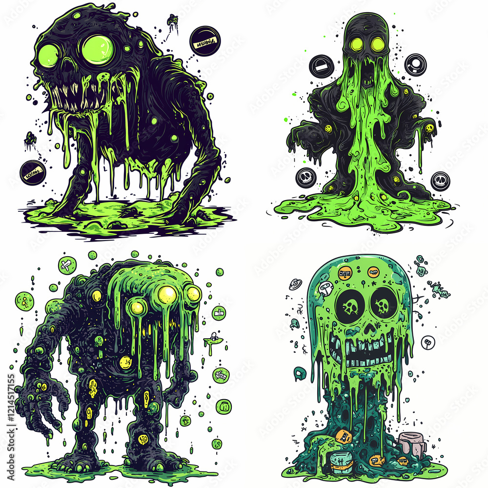 Toxic sludge monsters with glowing green ooze dripping in various forms ...