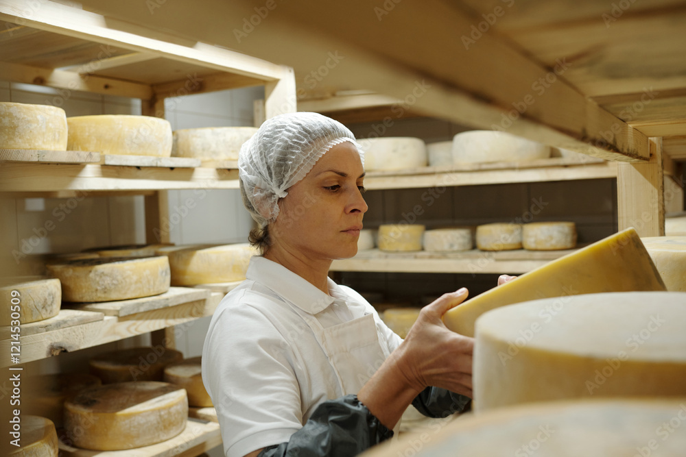 Worker inspecting cheese wheels in storage room under controlled ...