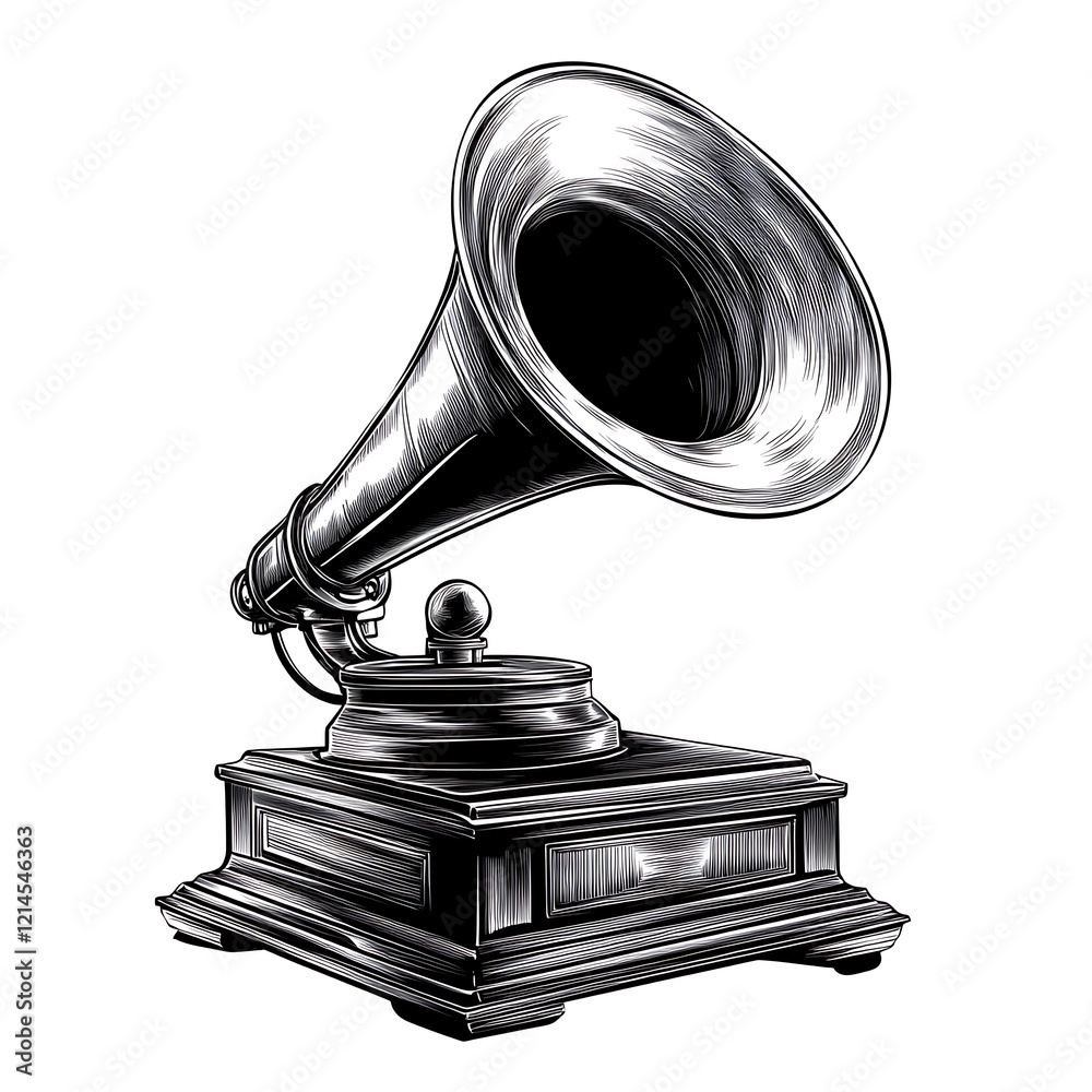 Vintage phonograph, artistic drawing, isolated, graphic design ...