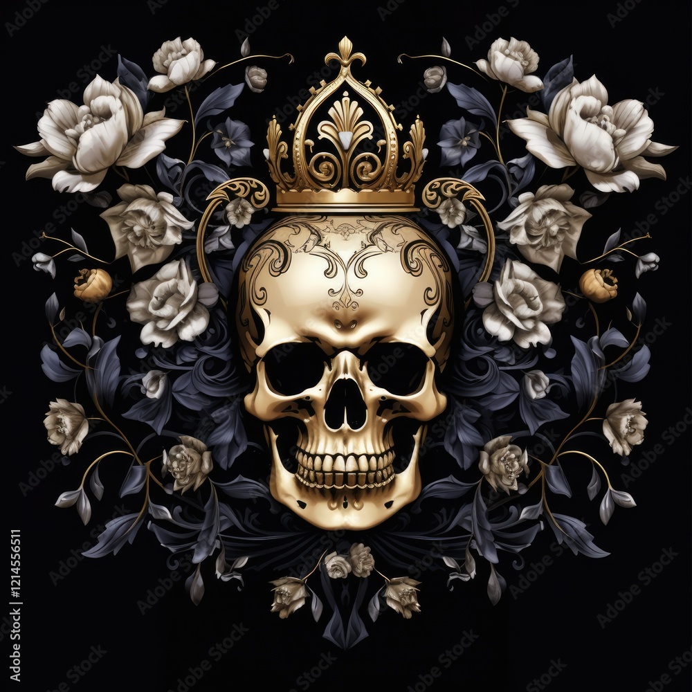 Skull Damask Art: Floral Royal Crown with Dark Gothic Background in Black Color, Perfect for ...