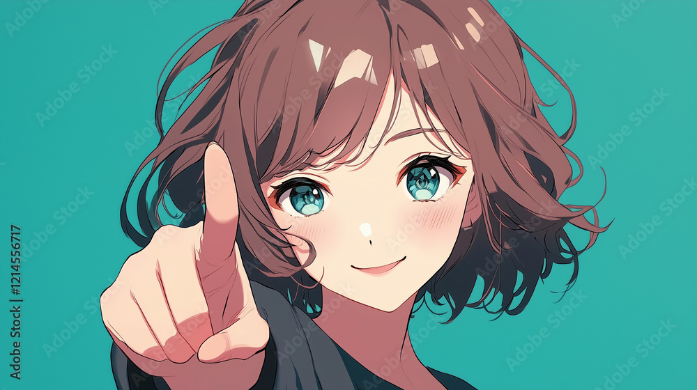 Playful Anime Girl with Wavy Brown Hair and Blue Eyes, Pointing ...
