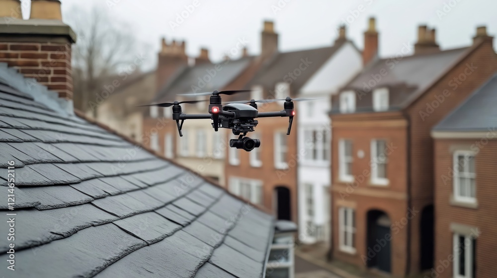 Drone inspects residential roof. Aerial view of drone hovering above ...