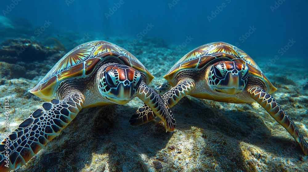 Japanese sea turtles gliding near the ocean floor in a peaceful ...