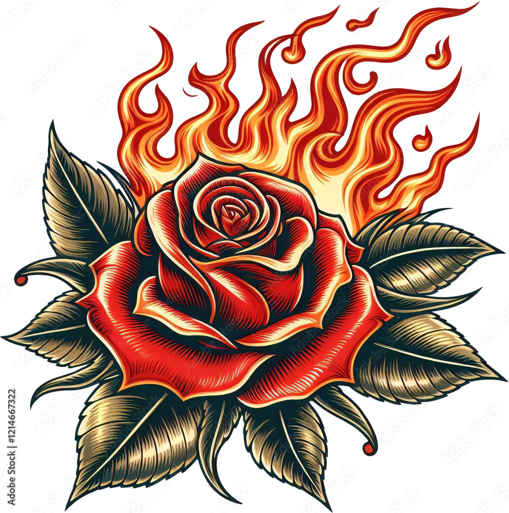 Flaming Rose Tattoo: A bold and vibrant tattoo design of a red rose ...