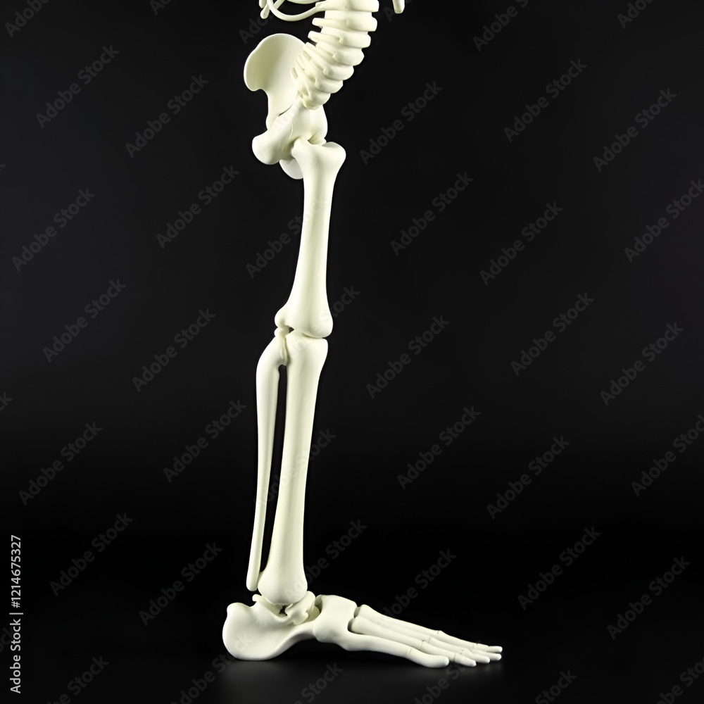 Isolated white leg skeleton anatomy model against a dark background ...