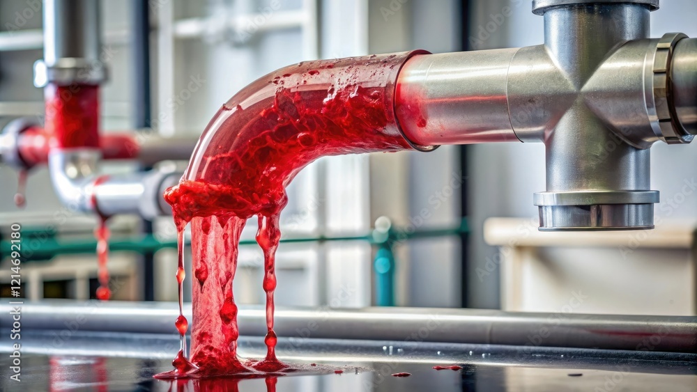 Crimson liquid seeping from a cracked plastic pipe in a laboratory ...