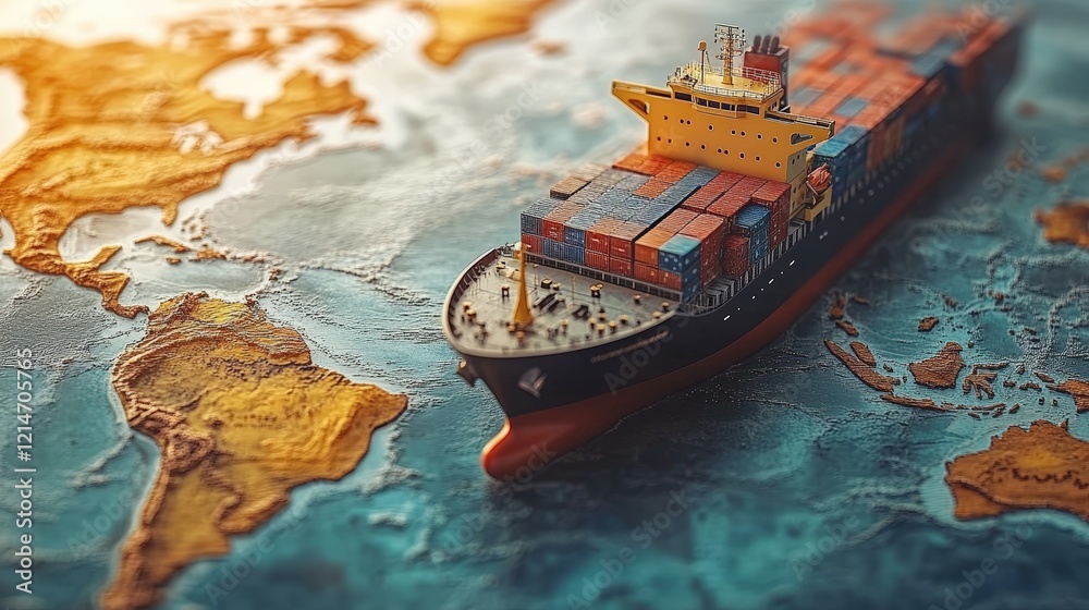 Container Ship Model on World Map with Vivid Geography and Detailed ...
