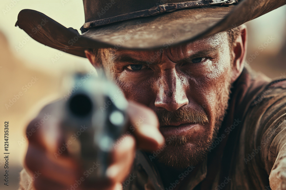 Mature cowboy holding gun with blurred desert background. Man in cowboy ...