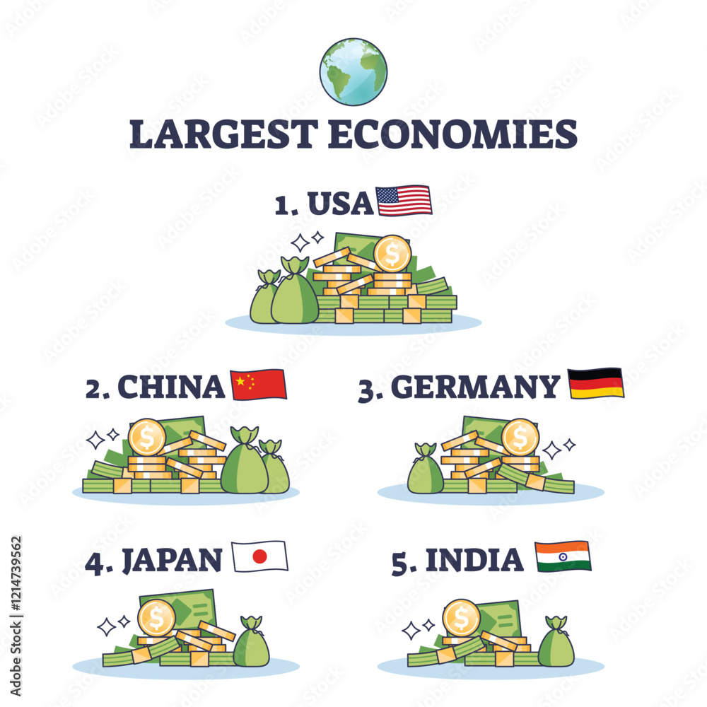 Largest economies are depicted with money stacks and flags ...
