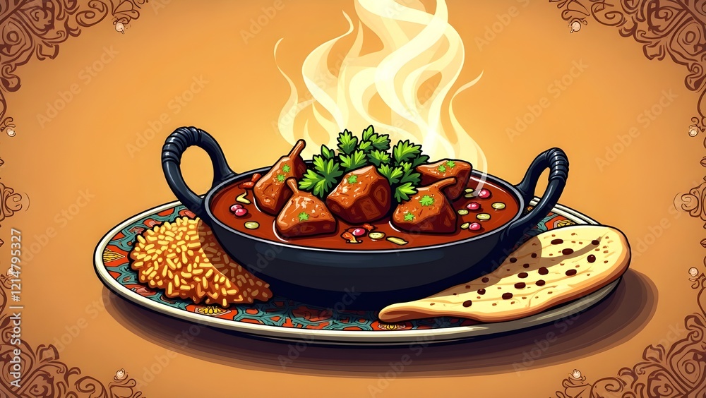 A vibrant and colorful illustration of a traditional Pakistani dish ...
