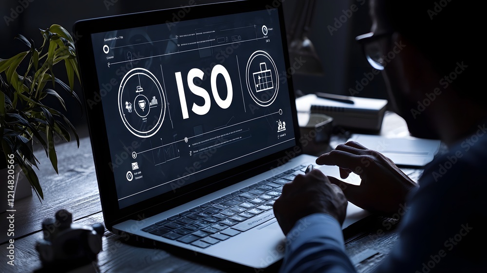 Business professional reviewing digital ISO certification dashboard ...