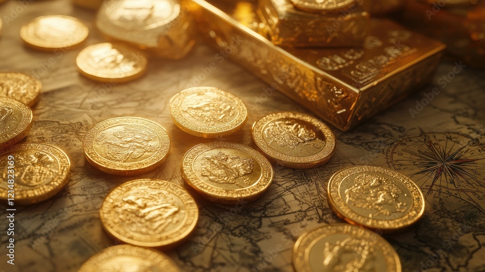 Gold coins scattered alongside gold bars, with a background of antique ...