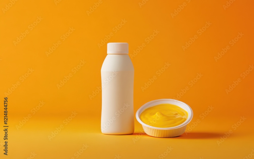 Flat lay studio photograph of a mayonnaise bottle alongside an open ...
