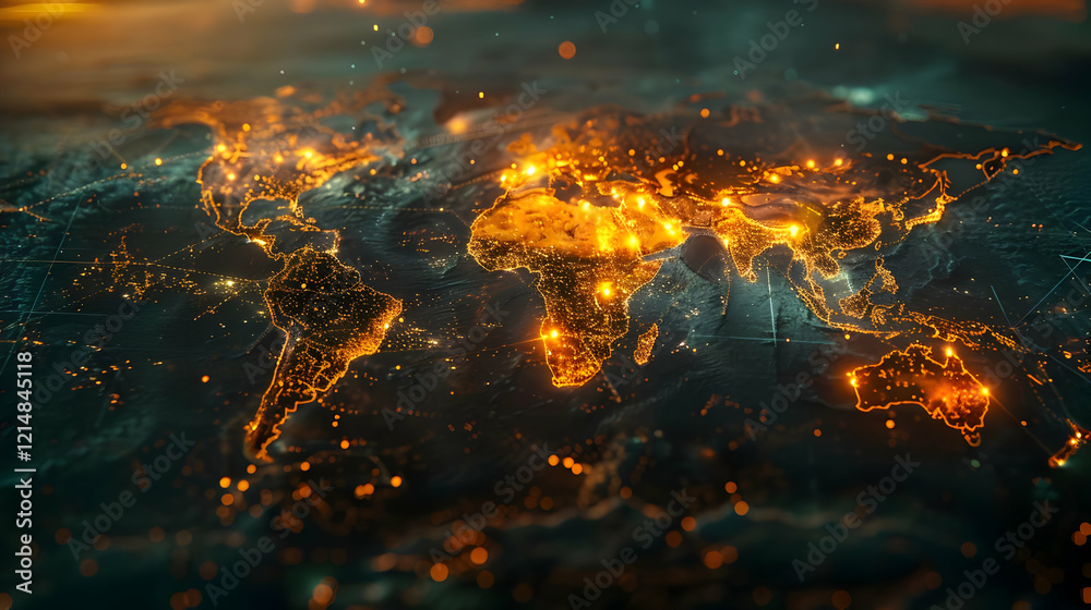 Glowing World Map Shows Global Connectivity with Intertwined Continents ...