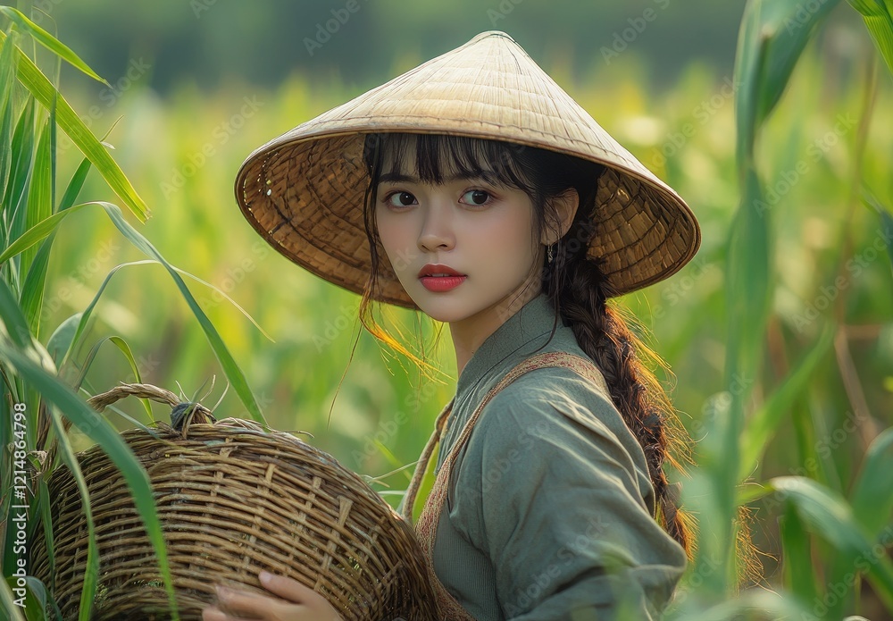 an Asian woman in traditional Vietnamese , wearing brown hair with ...