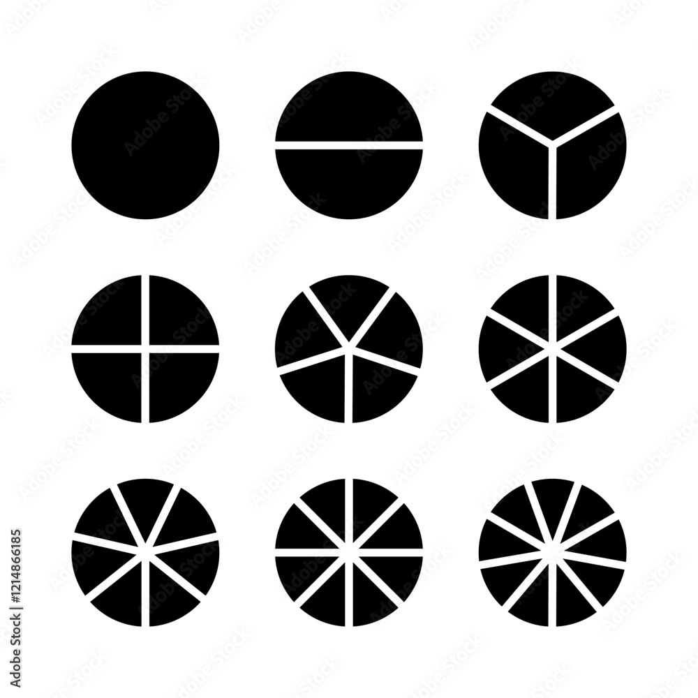 Circle division on 1, 2, 3, 4, 5, 6, 7, 8, 9 equal parts. Infographic ...