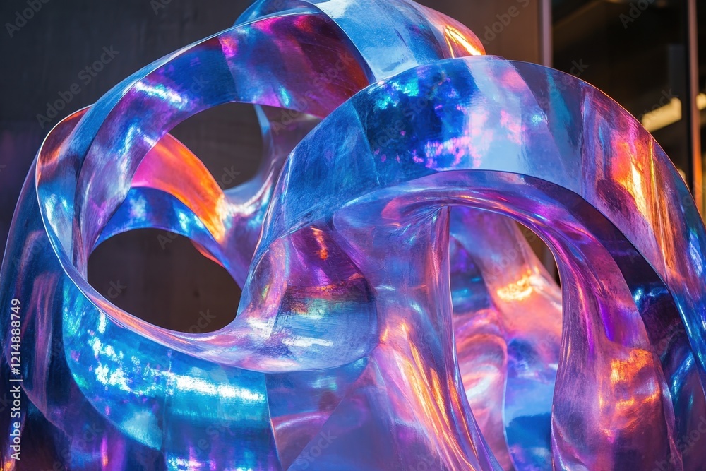 Colorful abstract sculpture with translucent elements located indoors ...