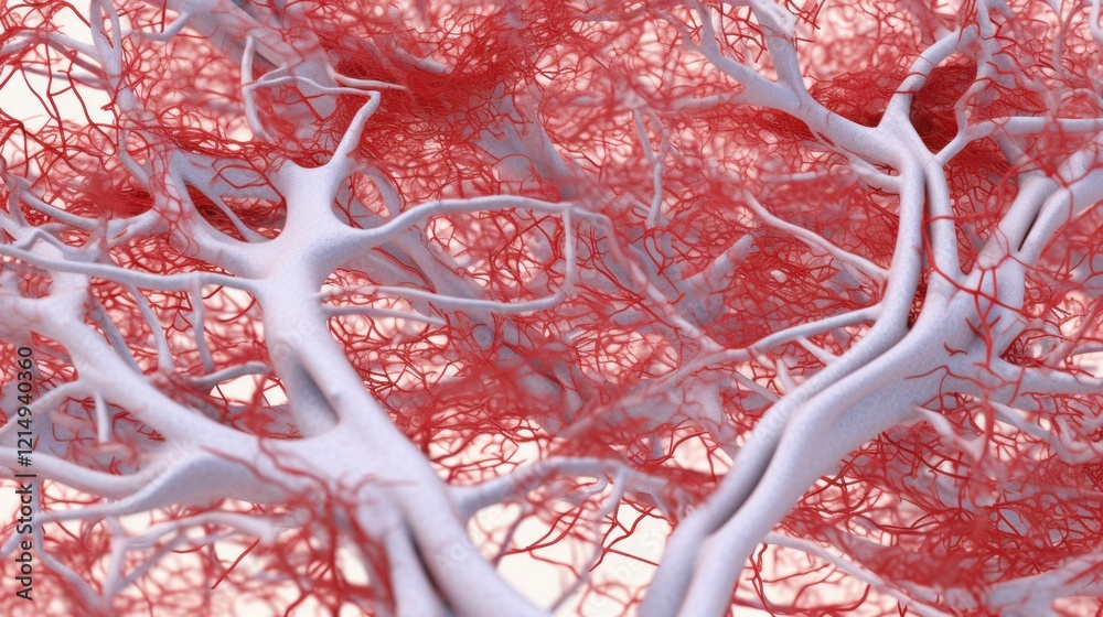 High-resolution microscopic image of arteries emphasizing blood flow pathways and vascular ...