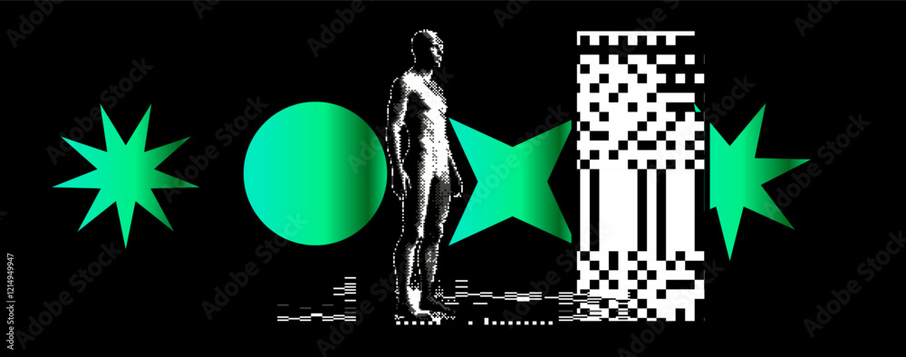 Glitched and decomposed figure of a human on the textured and pixelated ...