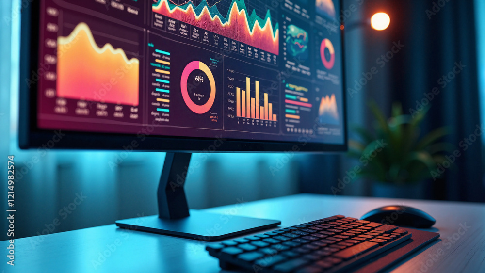 Sleek Modern Computer Monitor Displaying Vibrant Analytics Dashboard for Business Presentations ...