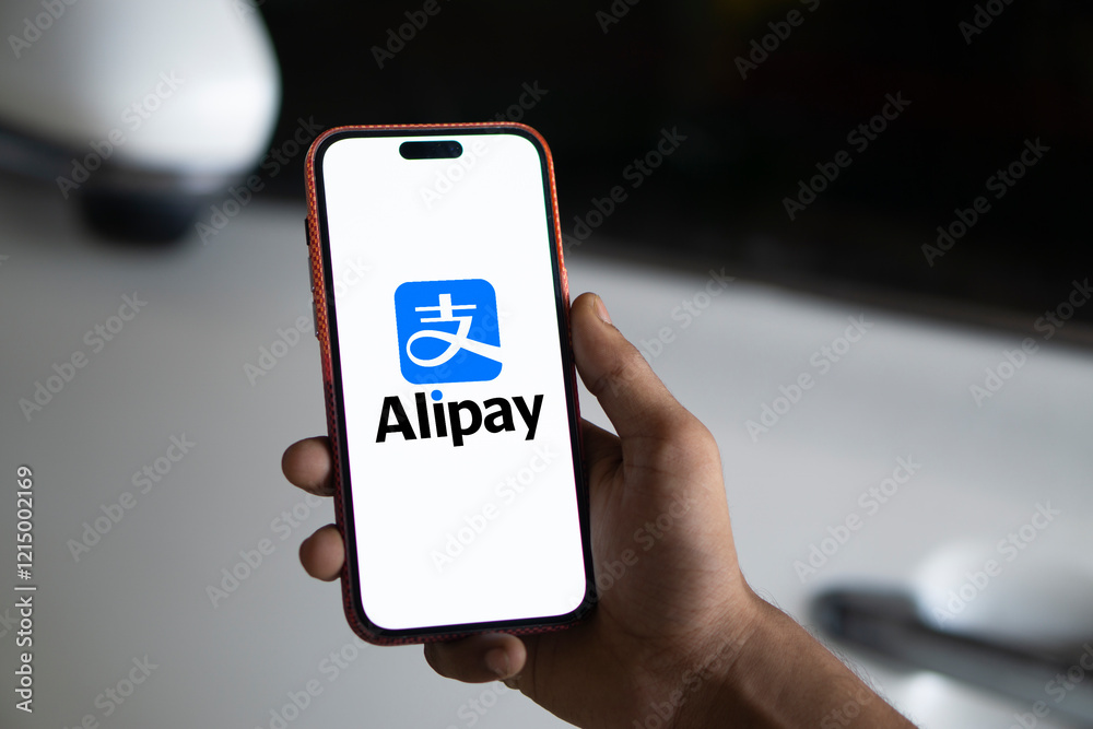Dhaka, Bangladesh- 20 Jan 2025: Alipay logo is displayed on smartphone ...