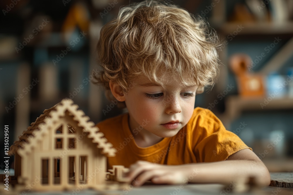 Cute child engrossed in building a miniature wooden house, showcasing ...